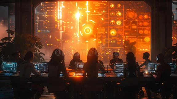 Futuristic Setting Individuals Collaborate Around an Interactive Dining ...