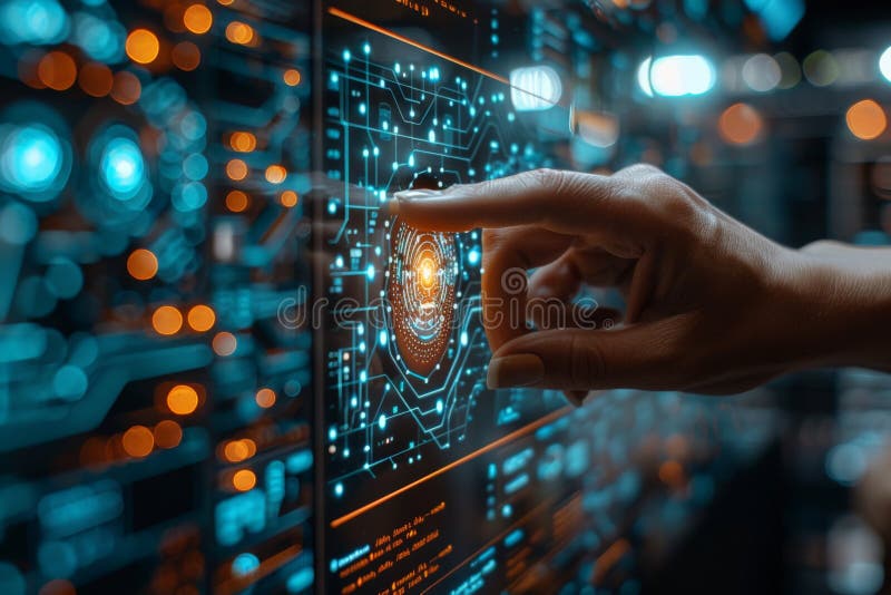 A Person is Interacting with a Hightech Screen by Pressing a Button ...