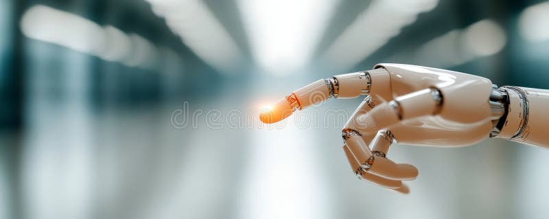 In a Futuristic Setting, a Robotic Hand Points Its Index Finger with a ...