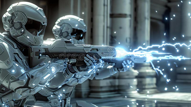 Two Soldiers White Power Armor Engage Combat Firing Energyemitting ...