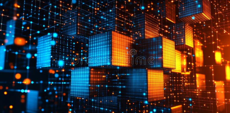 A Futuristic Setting with Vibrant Colors Displays a Digital Cube Representation of Glowing ...