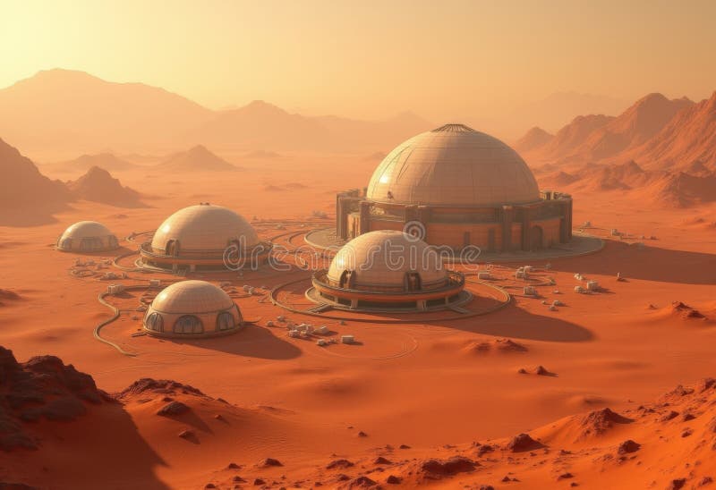 Futuristic Settlements on Mars during Sunset Showcasing Advanced Domed ...