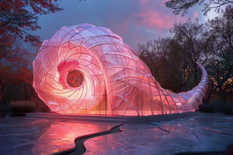 Futuristic Shell-Shaped Structure with Glow at Sunset Stock Photo ...