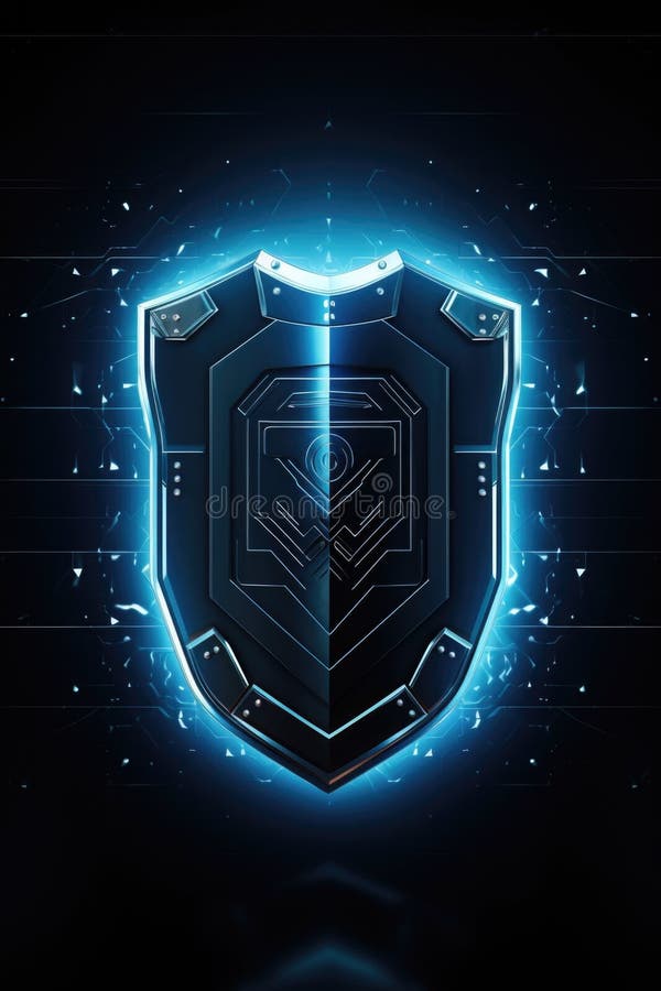 A Futuristic Shield with Glowing Blue Lights on a Dark Background ...