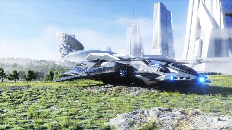 Futuristic Ship and City. Future Concept. Aerial View. 3d Rendering ...