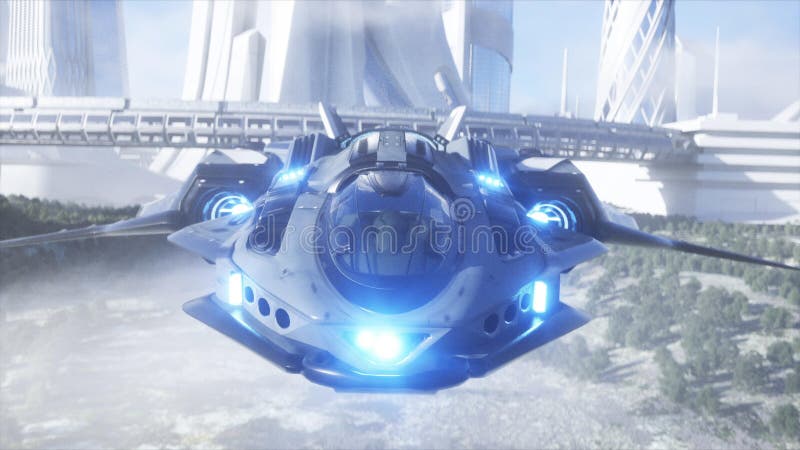 Futuristic Ship and City. Future Concept. Aerial View. 3d Rendering ...