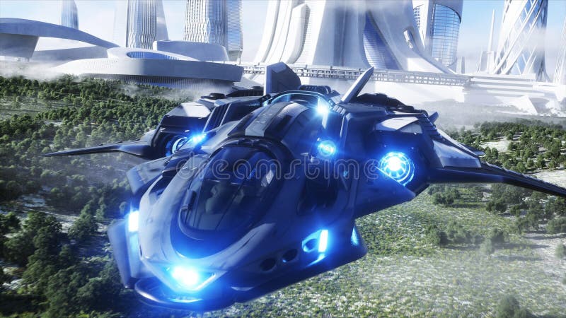 Futuristic Ship and City. Future Concept. Aerial View. 3d Rendering ...