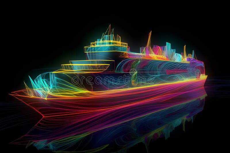 Futuristic Ship with Neon Lights on Dark Background. Vector ...