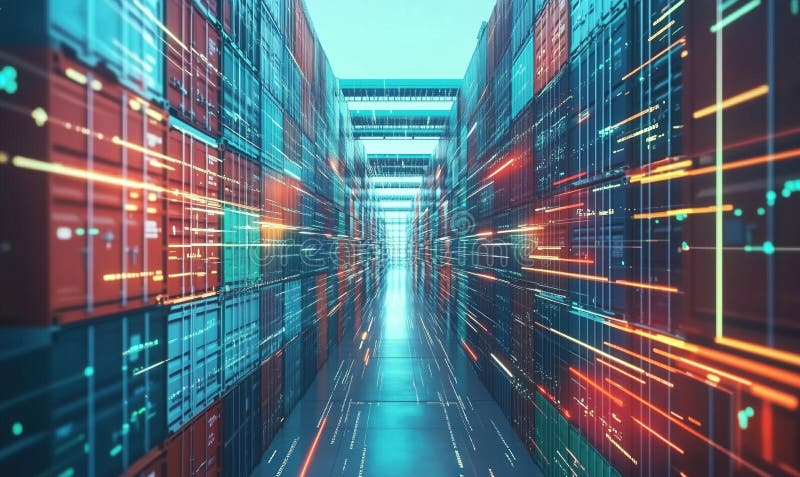 Futuristic Shipping Container Corridor with Digital Effects, Vibrant ...