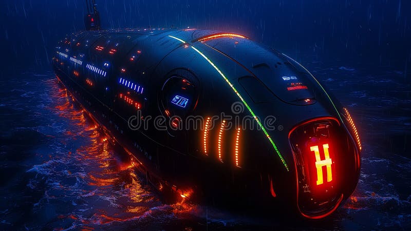 Futuristic Ships Illuminated in Dramatic Ocean Scenes Stock ...