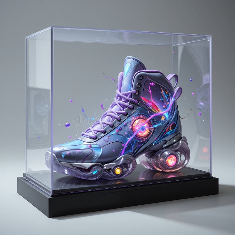 Futuristic Shoe Displayed in a Clear Case with Glowing Elements and ...