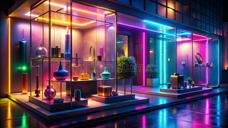 Futuristic Shop Window Display a 3D Render of Modern Accessories in a ...
