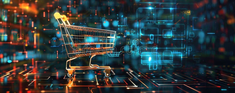Futuristic Shopping Cart Amidst Digital Holograms and Data Networks in ...