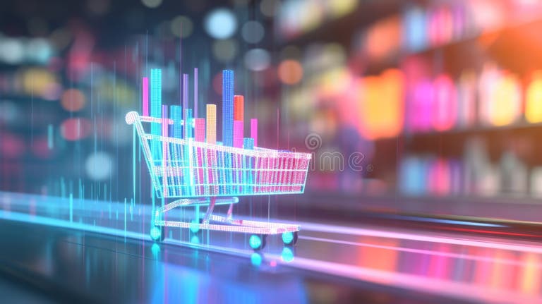 Futuristic Shopping Cart with Data Visualization in a Store Stock Image ...