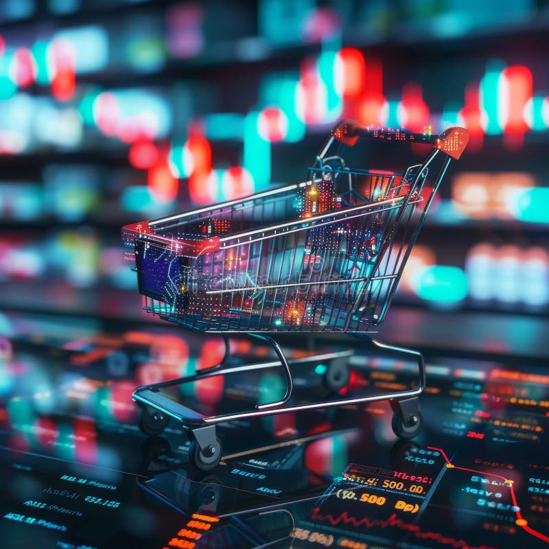 Futuristic Shopping Cart with Digital Data Overlay Stock Illustration ...
