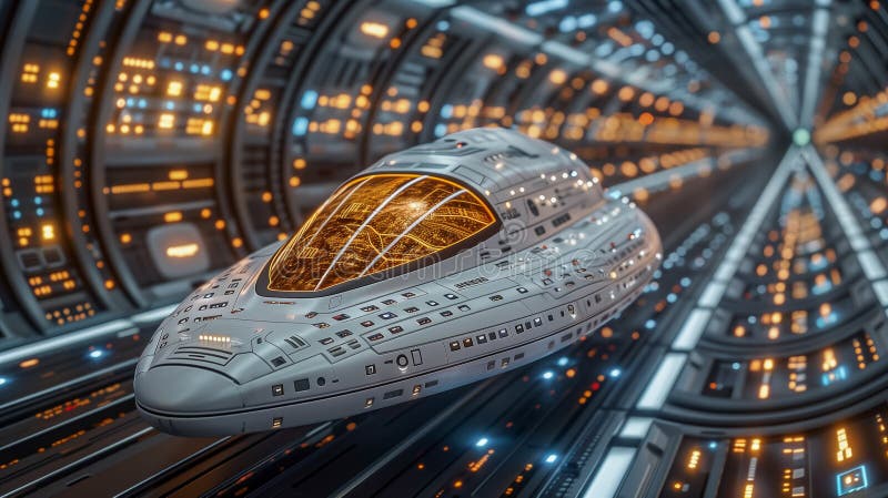 Futuristic Shuttle in Illuminated Space Tunnel Stock Illustration ...