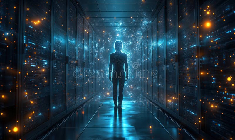 Futuristic Silhouette Walking through Data Center Illuminated by ...