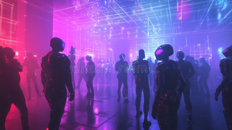 Futuristic Silhouettes of People Dancing in Neon Lights Stock ...