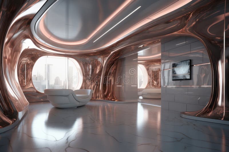Futuristic Silver and Brushed Copper Interior Design with Shiny Walls ...