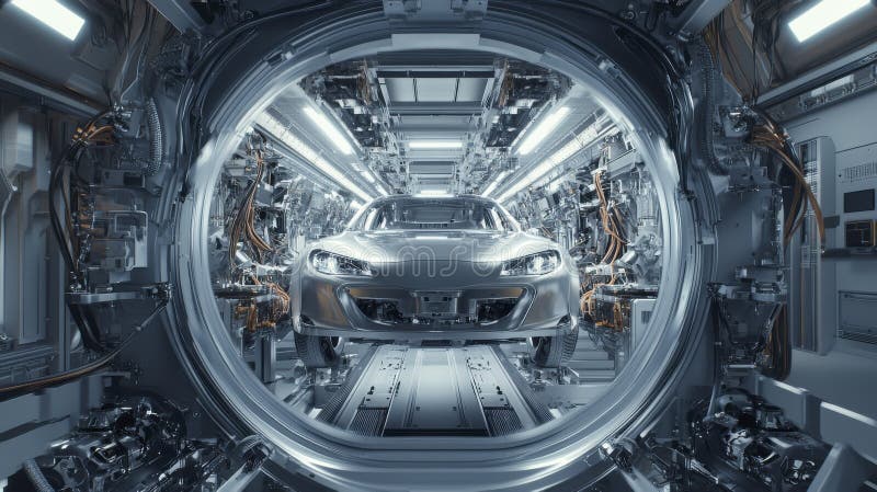 Futuristic Silver Car in Circular Metallic Structure Stock Illustration ...