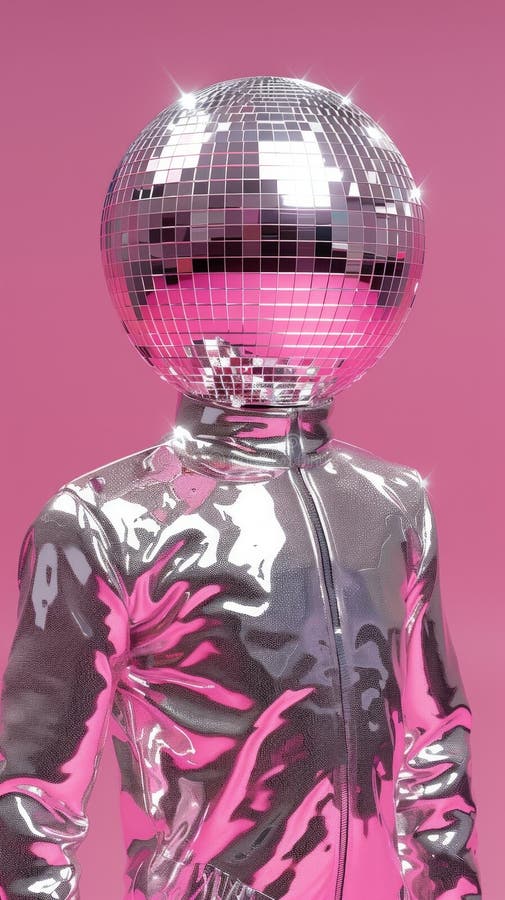Futuristic Silver Disco Ball Head on Pink Background with Reflective ...