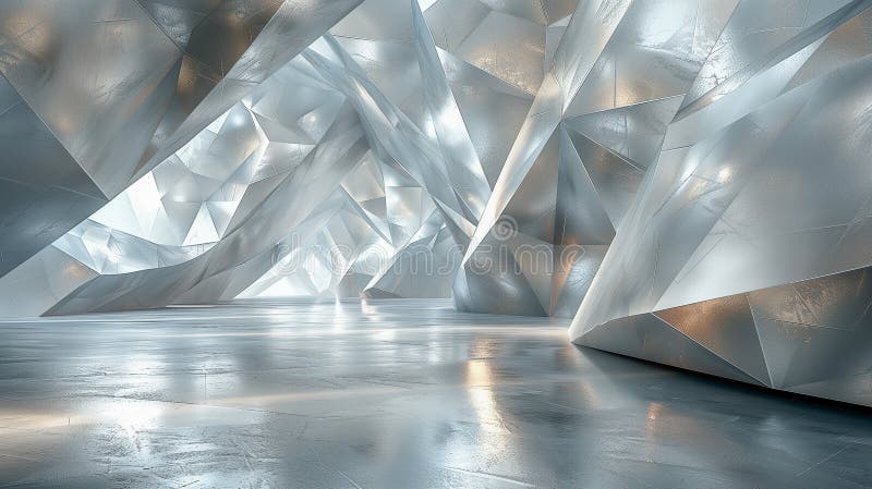 Futuristic Silver Geometric Interior with Reflective Surfaces Stock ...