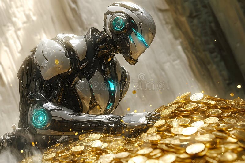 Futuristic Silver Robot with Blue Accents Collecting Shiny Gold Coins ...