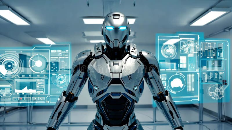 Futuristic Silver Robot with Glowing Blue Eyes in a Laboratory Setting ...