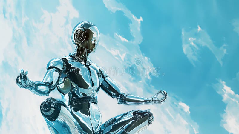 Futuristic Silver Robot in a Meditative Pose Against a Cloudy Blue Sky ...