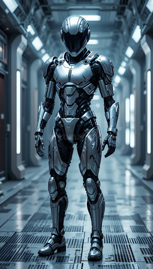 Futuristic Silver Robot in Metallic Spaceship Corridor Stock ...