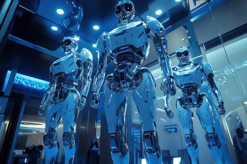 Futuristic Silver Robots in a High-tech Exhibition Hall Stock ...