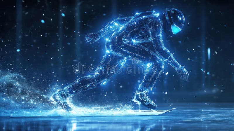 Futuristic Skater Gliding on Ice, Glowing with Blue Energy Particles ...