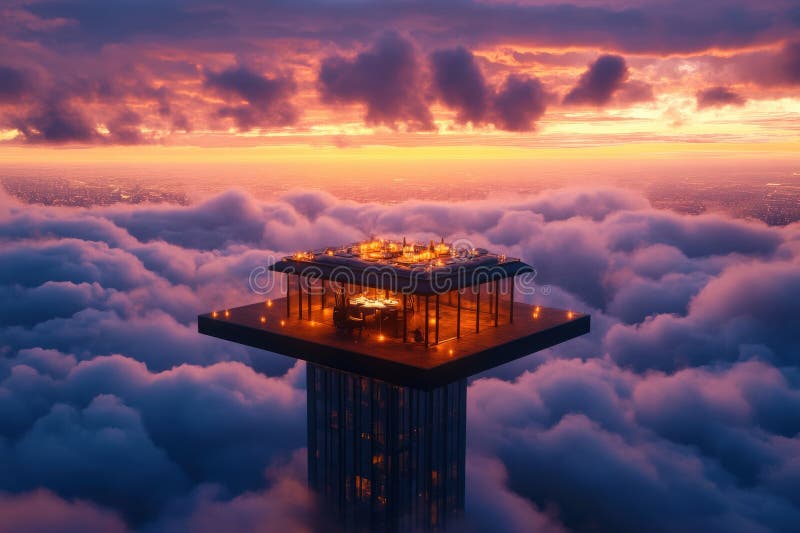 Futuristic Sky Dining Above Clouds at Sunset Stock Photo - Image of ...
