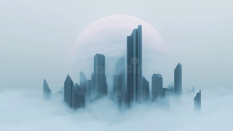 Futuristic Skyline Blending with Mist and Clouds Beneath a Full Moon ...