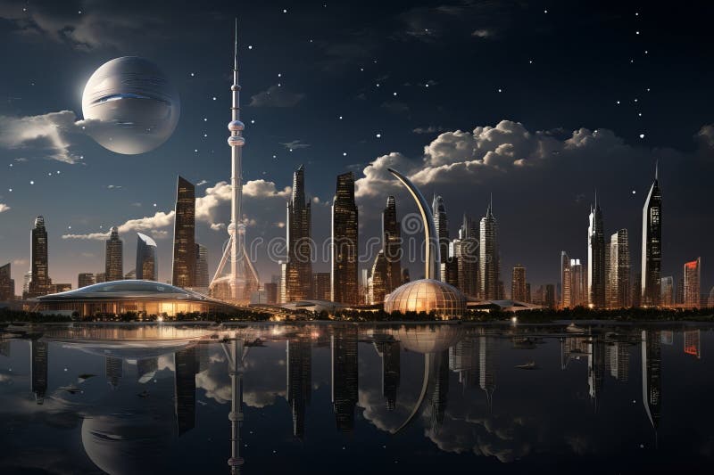 Futuristic Skyline of a City at Night with a Large Planet and Modern ...