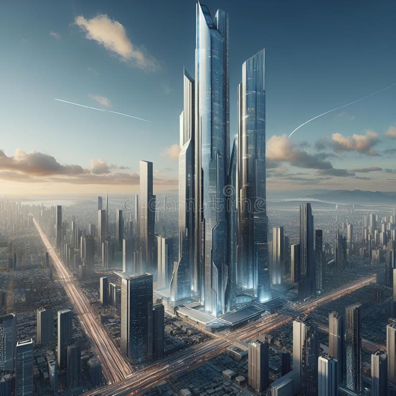 The Futuristic Skyline is Designed with Large Skyscrapers in a Digital ...