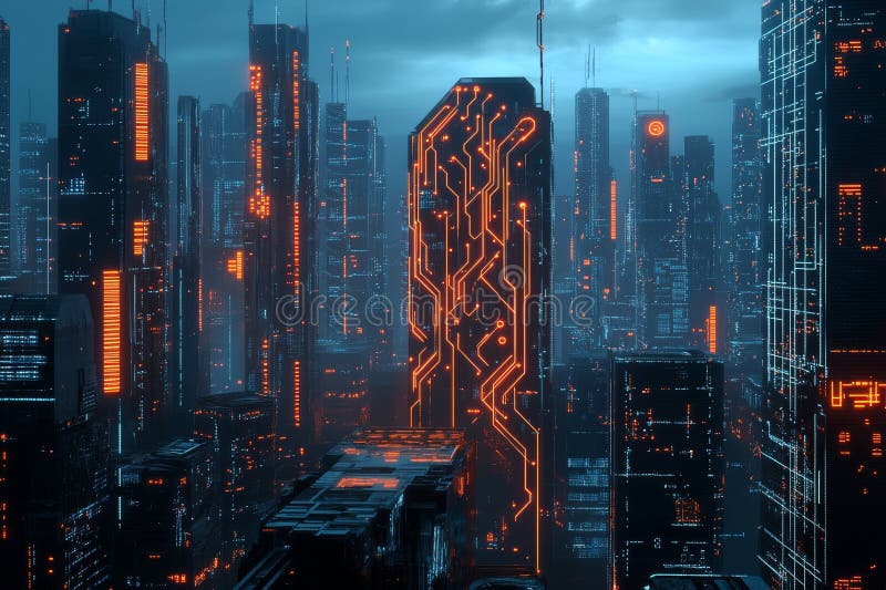 Futuristic Skyline Featuring Electronic Circuits a Vision of Urban ...