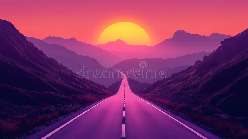 A Futuristic Skyline Featuring a Neon Sun and Geometric Designs at Dusk ...