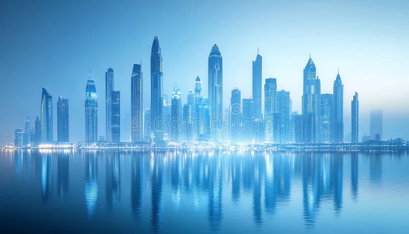 Futuristic Skyline with Modern Skyscrapers Reflecting on Water Stock ...