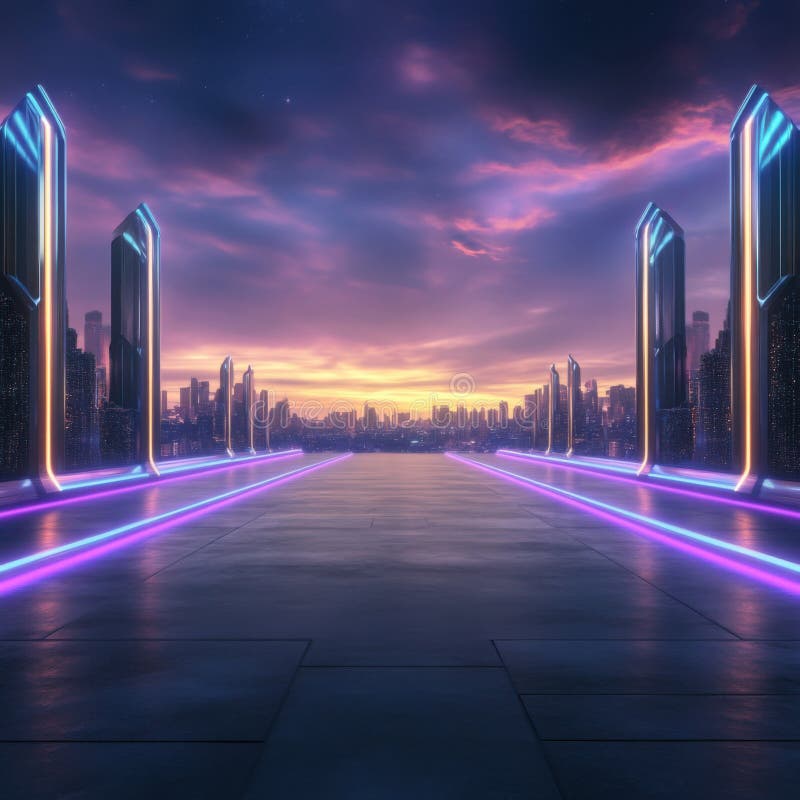 Futuristic Skyline with Neon Lights Reflecting on a Sleek Pathway ...
