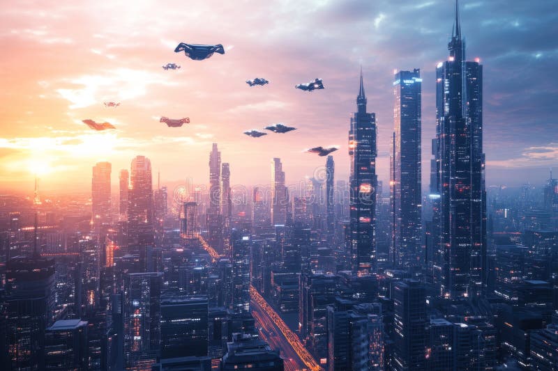 Futuristic Skyline with Skyscrapers Under a Beautiful Sunset. Drones ...