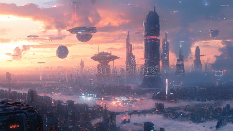 Futuristic Skyline at Sunset Stock Illustration - Illustration of ...