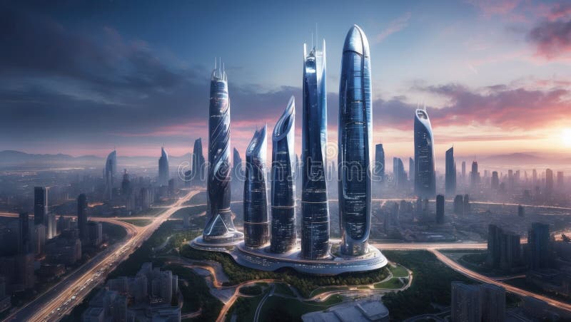 Futuristic Skyline at Sunset. Modern Cityscape with High Tech ...