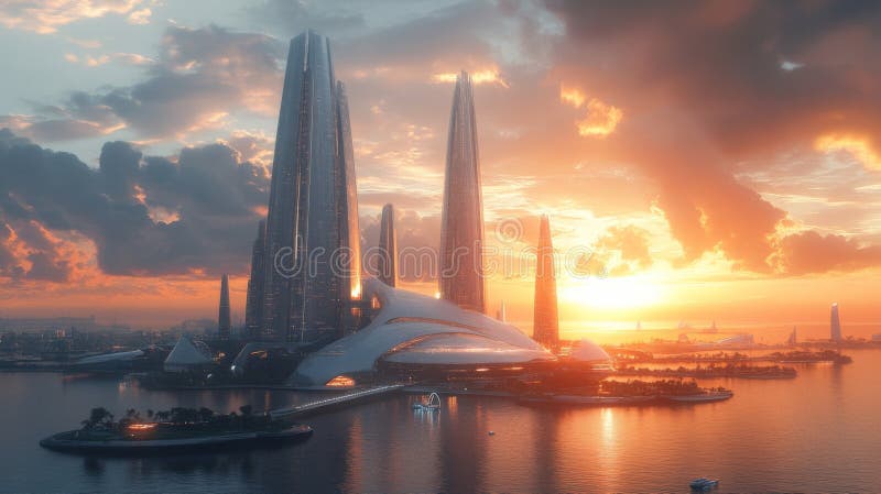 Futuristic Skyline at Sunset with Unique Architecture by the Waterfront ...