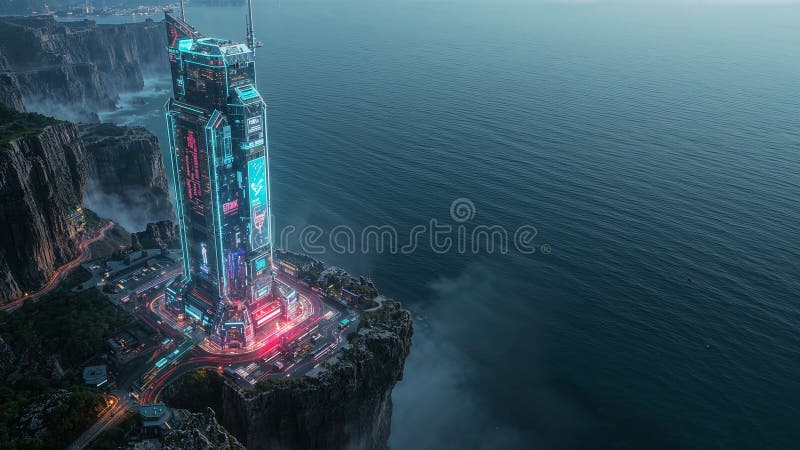 Futuristic Skyscraper on Coastal Cliff at Night Stock Photo - Image of ...
