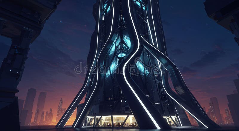 Futuristic Skyscraper with a Complex, Twisting Design and Illuminated ...