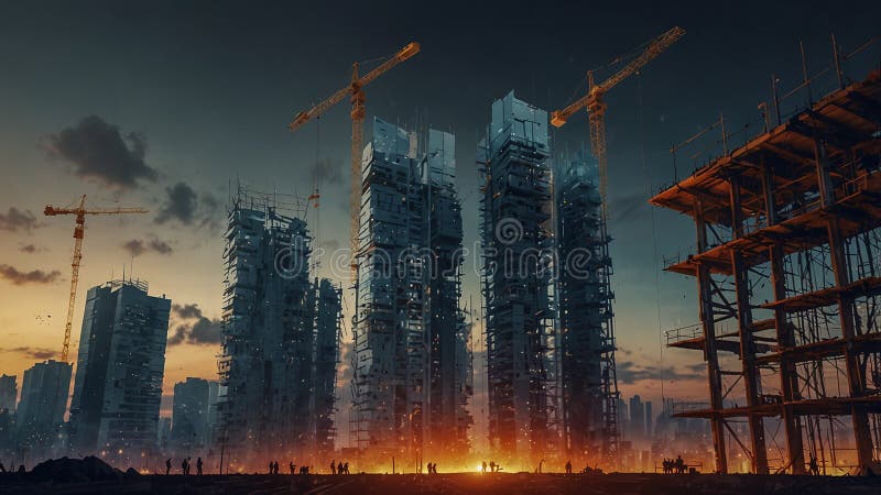 Futuristic Skyscraper Construction at Sunset Stock Illustration ...
