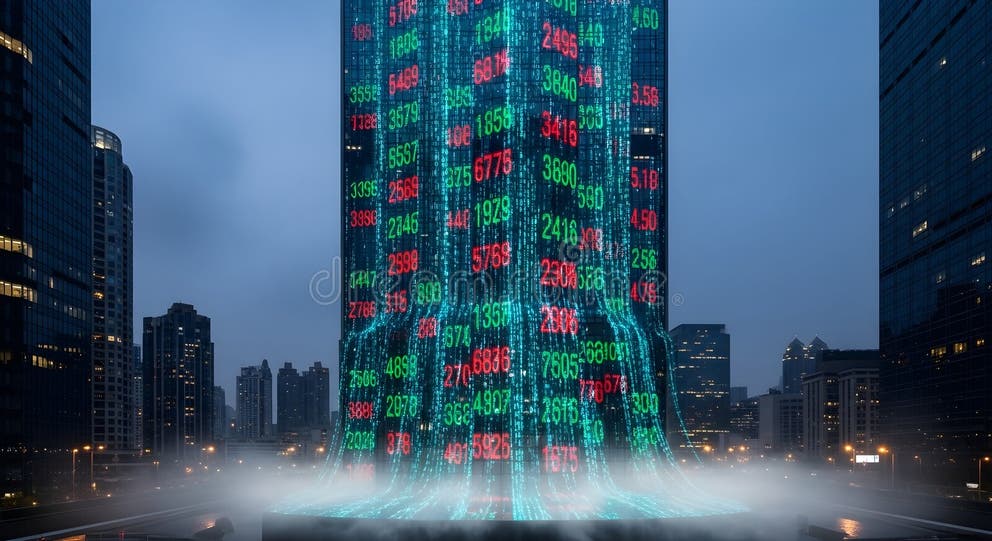 Futuristic Skyscraper Displays Cascading Digital Stock Market Data and ...
