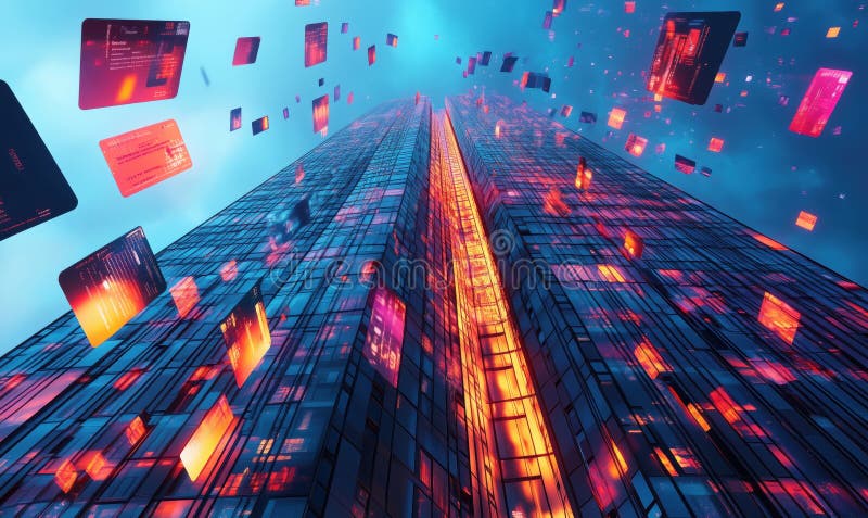 Futuristic Skyscraper with Floating Digital Data Cards in Vibrant ...