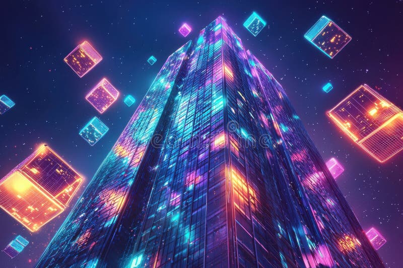 Futuristic Skyscraper with Glowing Cubes in a Digital Nightscape Stock ...